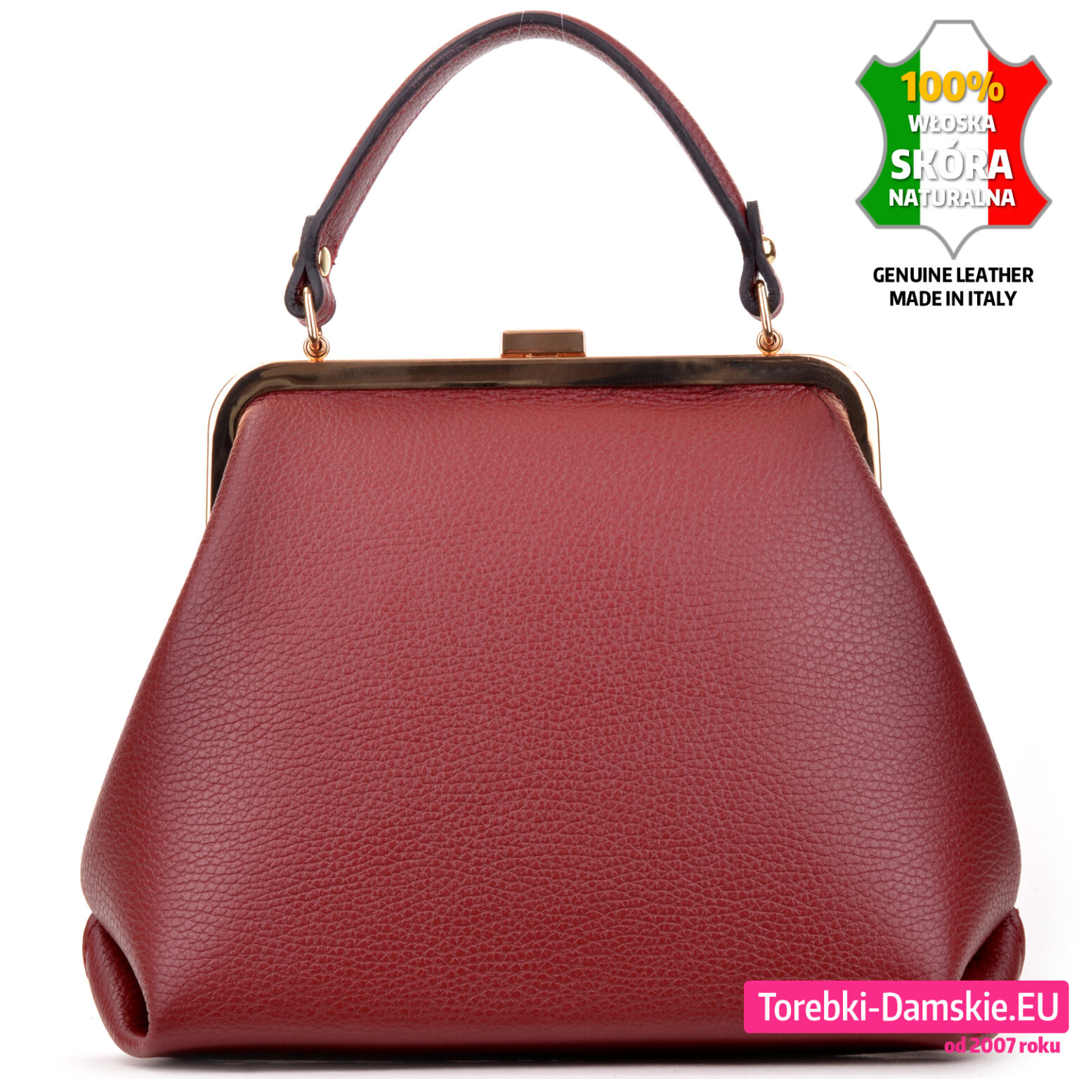 Bordowa skórzana klasyczna torebka kuferek złoty bigiel