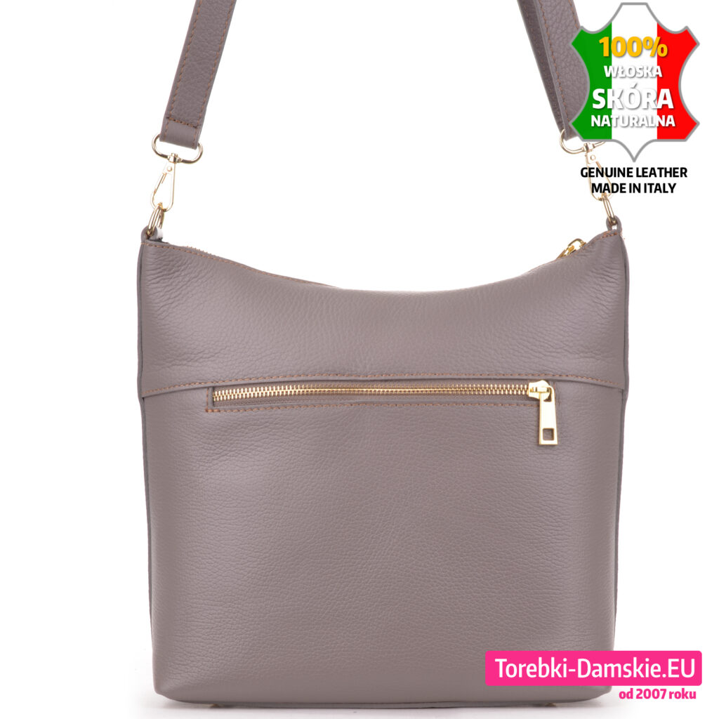 Beżowa skórzana torebka listonoszka ze złotymi suwakami