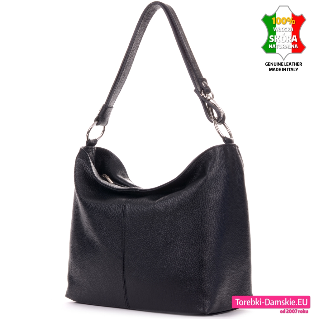 Czarna torebka z groszkowanej skóry na ramię z przegrodą